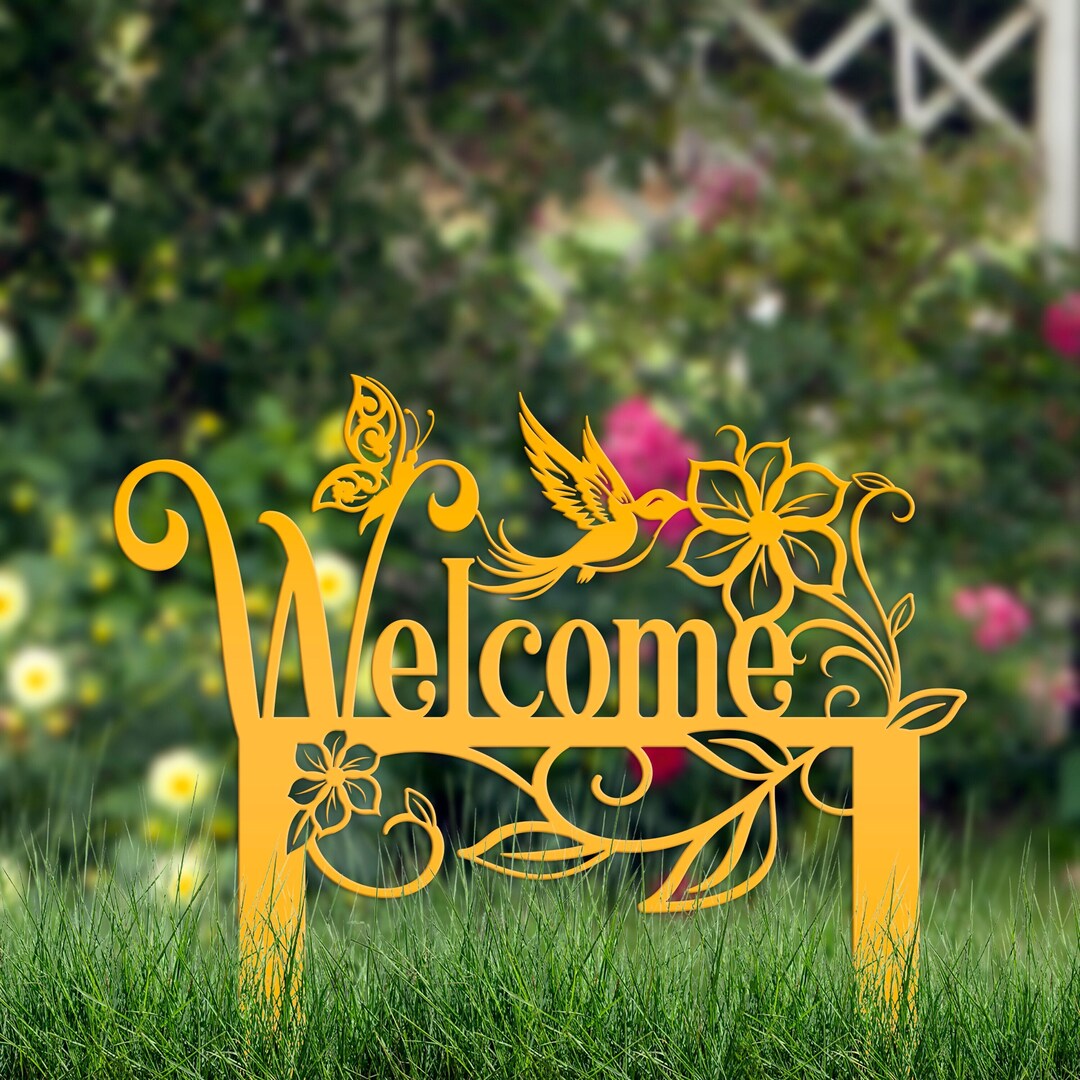 Welcome Sign, Metal Yard Stake, Outdoor Welcome Sign With Butterflies ...