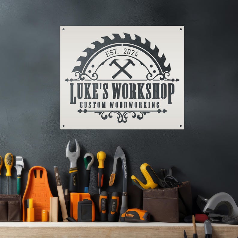 Woodshop Sign, Customized Gift for the Carpenter, Metal Sign Featuring ...