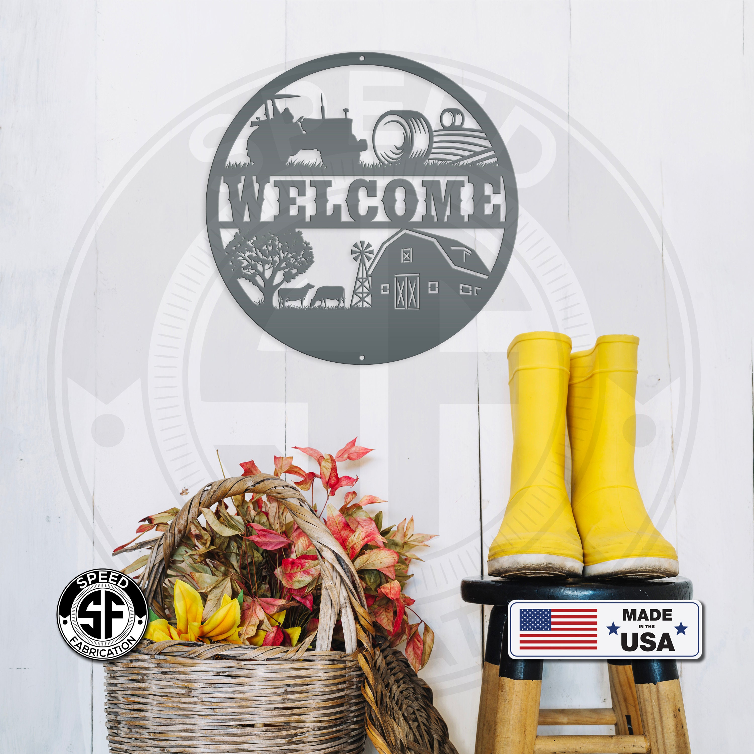 Round Farm Scene Welcome Metal Sign - Etsy