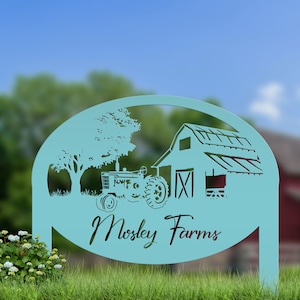 Metal Farm Sign Customizable With Rustic Tractor and Barn With Yard ...