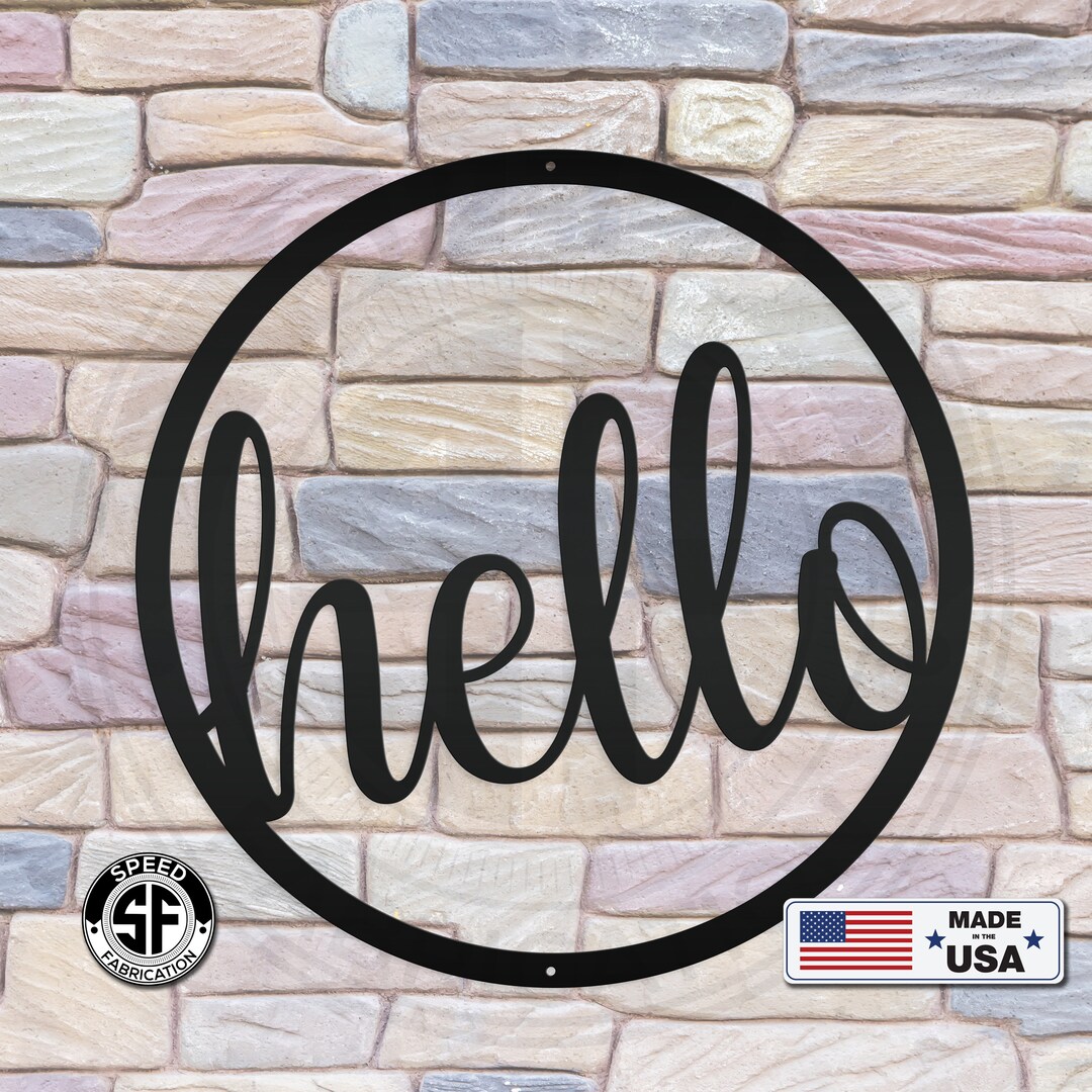 Round Metal Hello Metal Sign, Front Door Sign, Wreath Hanger Sign ...
