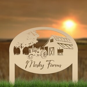 Metal Farm Sign Customizable With Rustic Tractor and Barn With Yard ...
