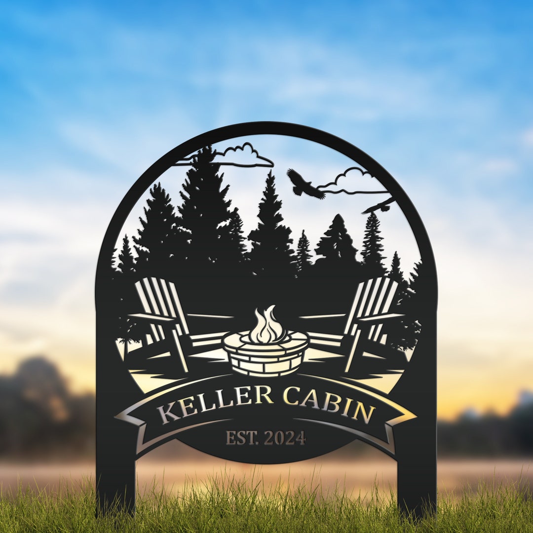 Family Name Firepit Scene Yard Stake - Rustic Personalized Camping ...