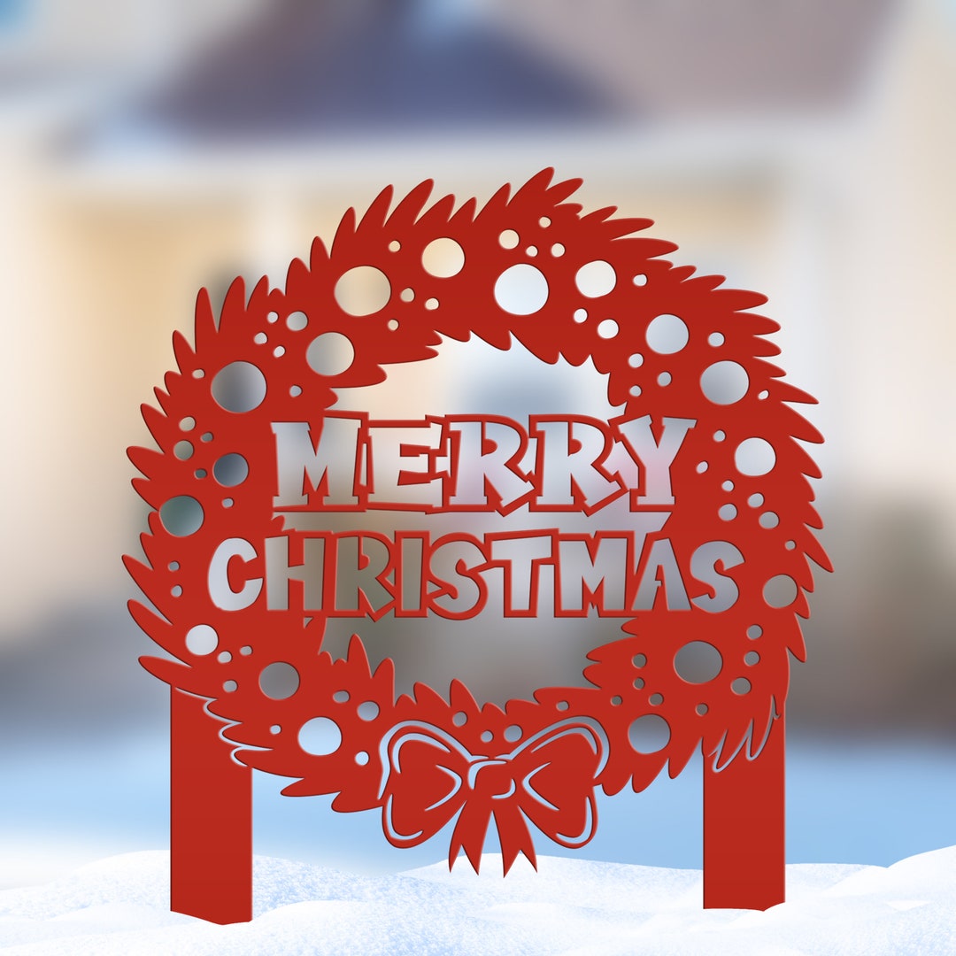 Outdoor Christmas Decor, Merry Christmas Wreath Sign, Metal Yard Stake ...