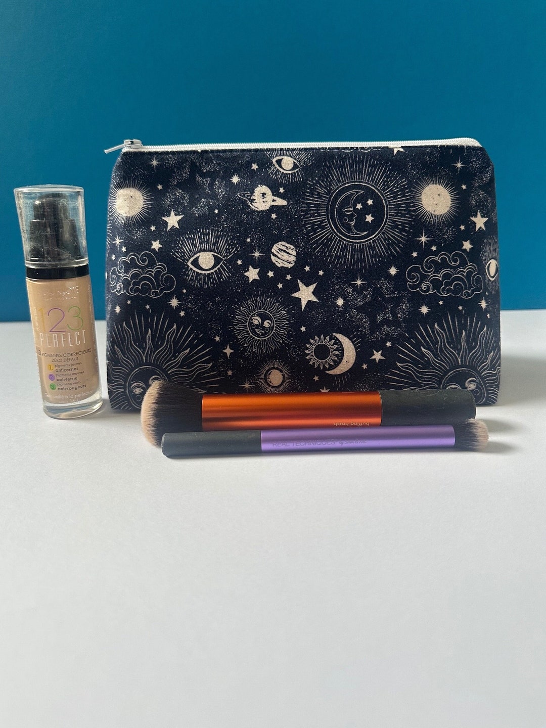 Handmade Sun and Moon Print Small Makeup Bag | Celestial Makeup Bag, Sun and Moon Small Cosmetic ...