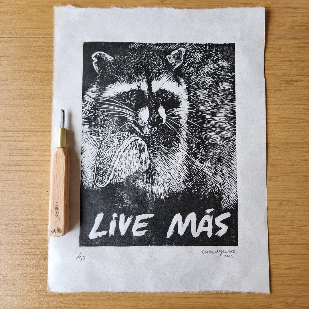 Raccoon Eating Cheesy Gordita Crunch - Woodcut Print - Animals Eating ...
