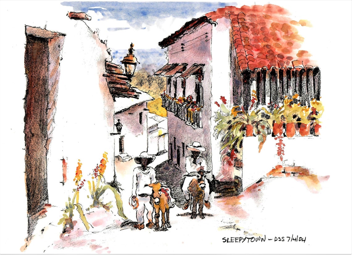 Mexican Village Art Print: Watercolor and Ink Drawing - Etsy