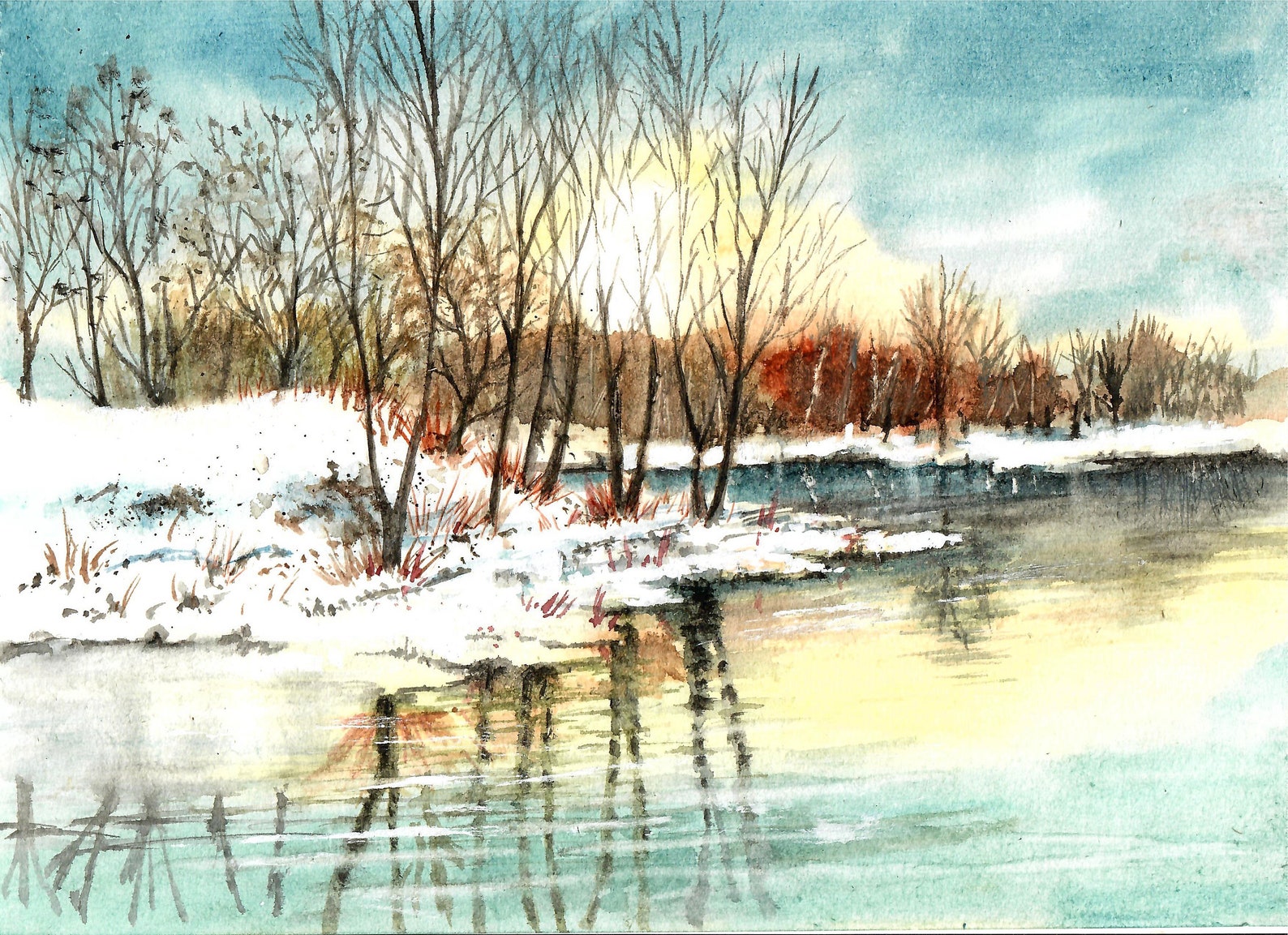 Sunset on A Snowy Lake, Snow Art, Beautiful Winter Scene, Sunset Art ...