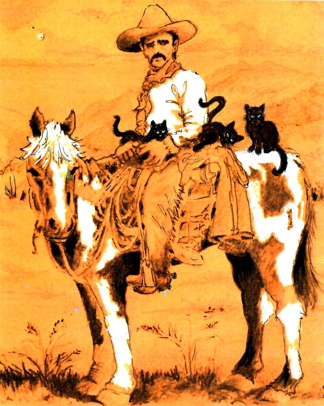Cowboy With Black Cats Art Print: Western Horse Art - Etsy