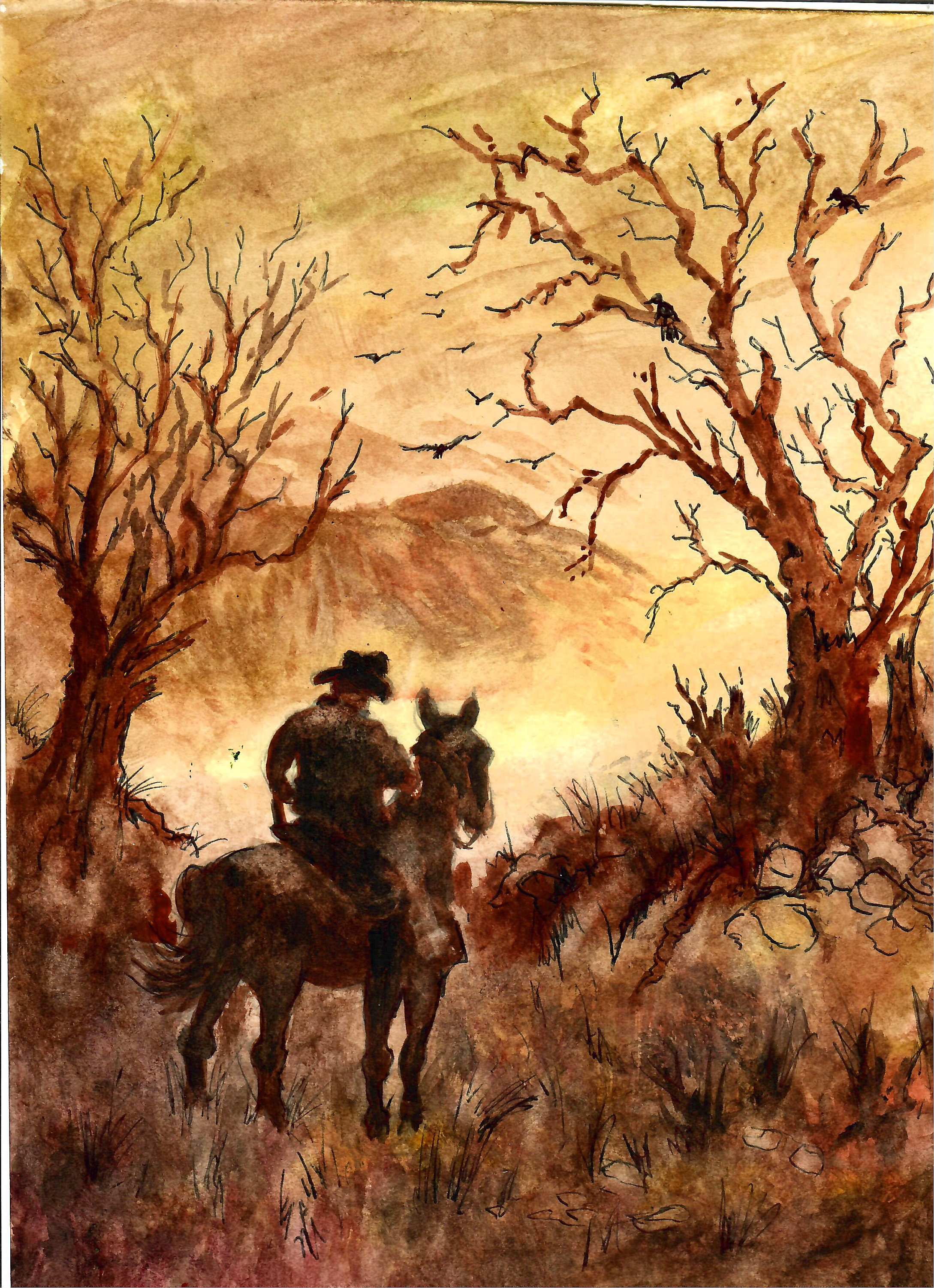 Cowboy and Horse in Brown, Cowboy Art Print, Western Art Print, Western ...