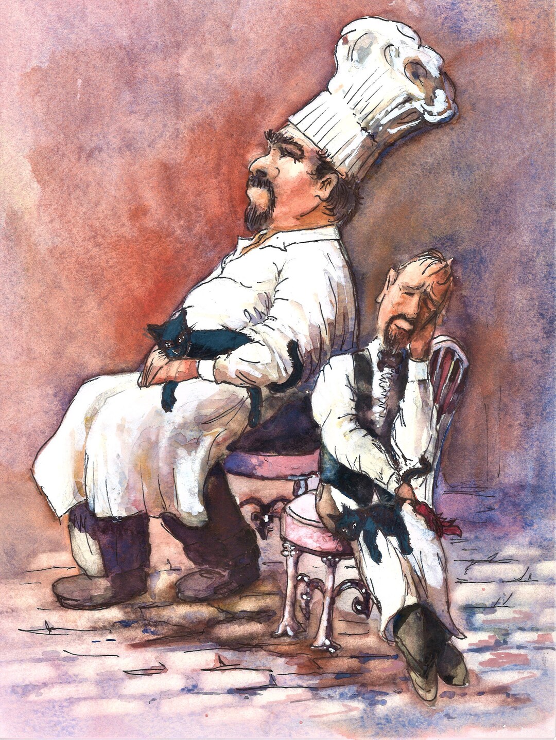 Chef, Waiter and Cats, Chef Art Print, Chef Wall Decor, Restaurant Art ...