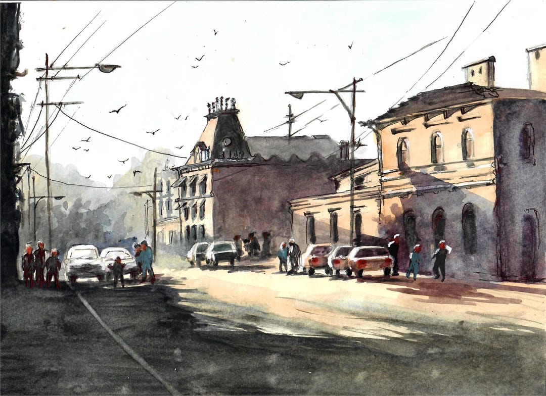 City Street Scene, Old Buildings Downtown, Street Wall Decor, Downtown ...