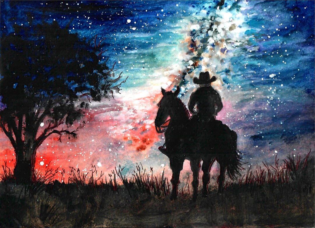 Cowboy Starry Night Art Print: Western Watercolor Decor - Etsy