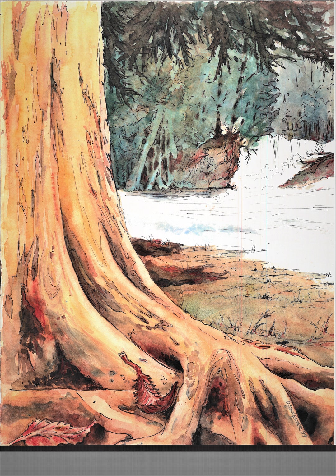 Large Tree and Waterfall, Tree Art Print, Waterfall Art Print, Tree ...