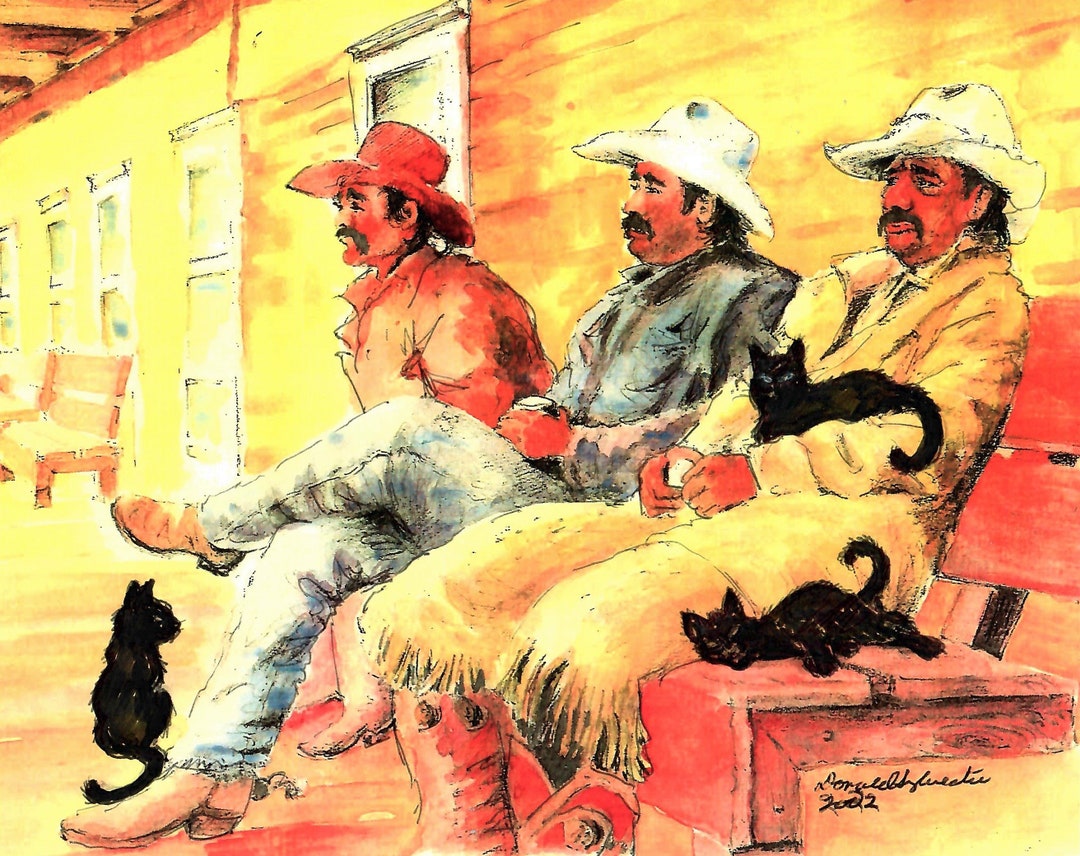 Cats and Cowboys at Rest, Black Cat Art Print, Cowboy Wall Decor ...