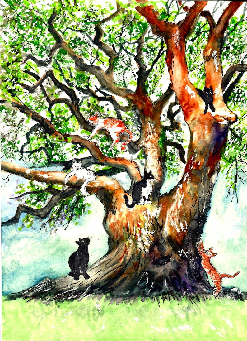 Cats in Tree Art Print: Ginger & Black Cats Watercolor Painting - Etsy