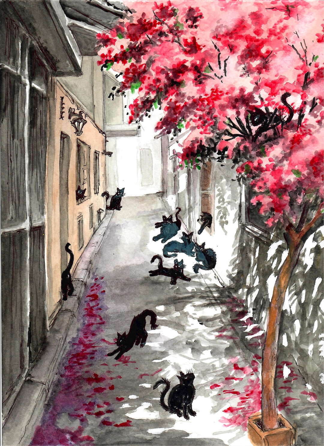 Cats in A Flowered Alley, Cat Art Print, Black Cat Art, Sreet Art Print ...