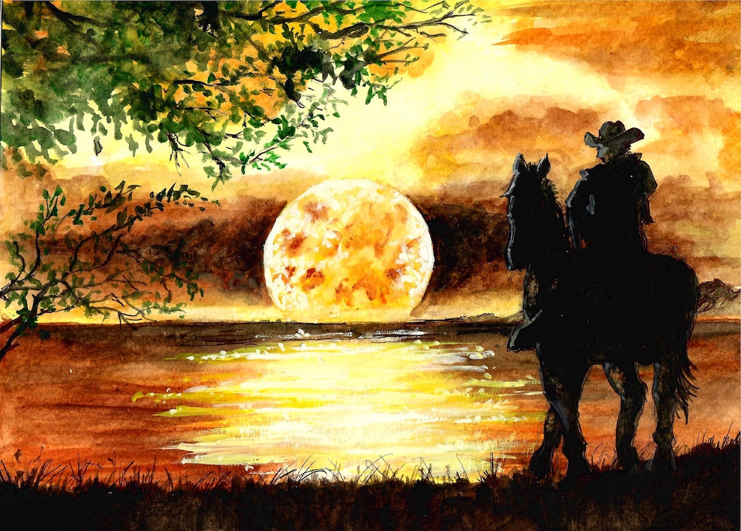 Cowboy at the Lake, Beautiful Sunset Art Print, Cowboy Art Print ...