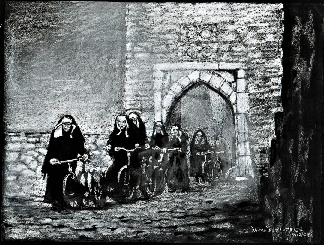 Nuns on Bicycles Art Print: White Charcoal Drawing, Convent Scene - Etsy
