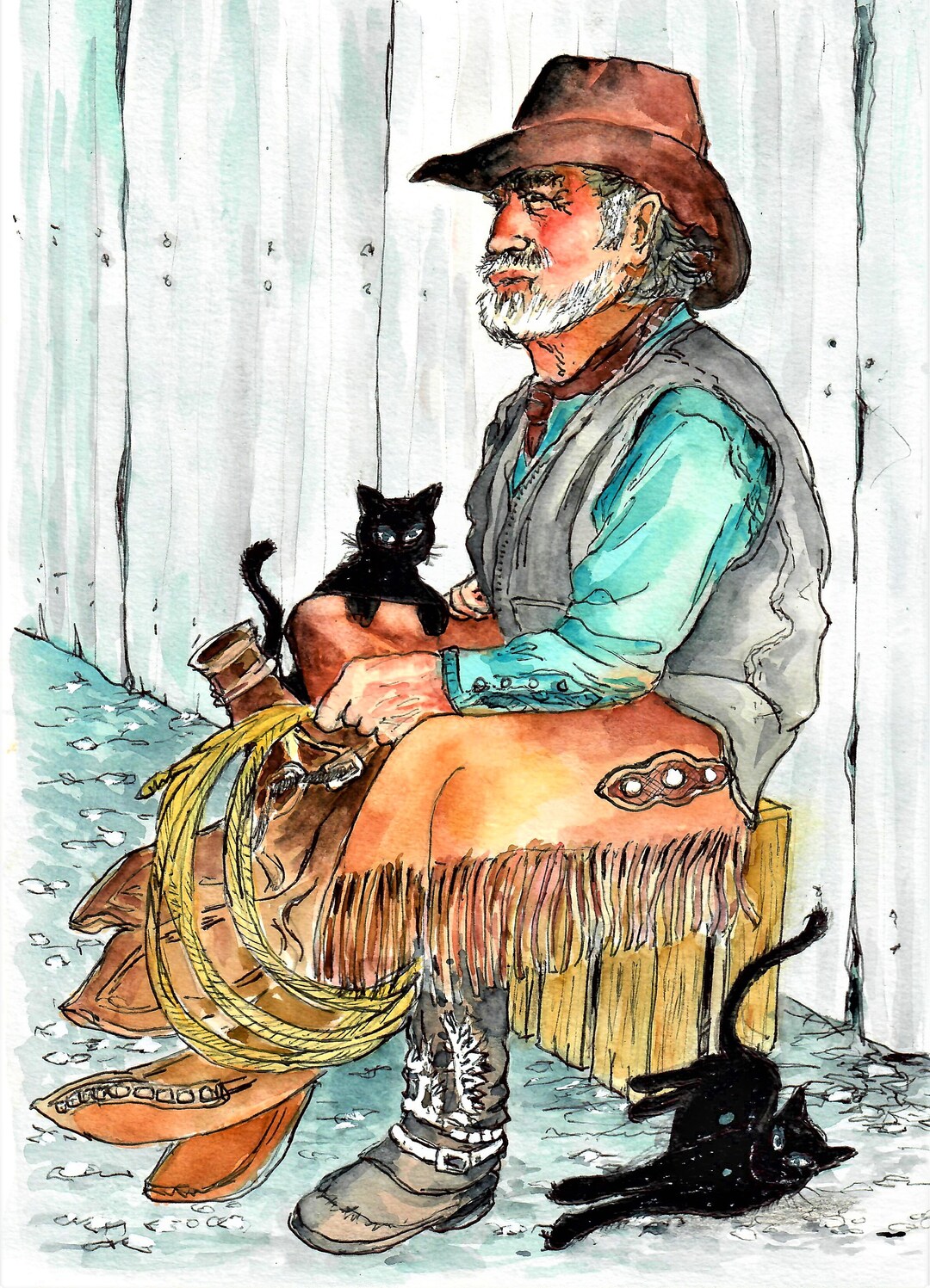 Cowboy and Black Cats Watercolor Art Print - Western Wall Decor - Etsy