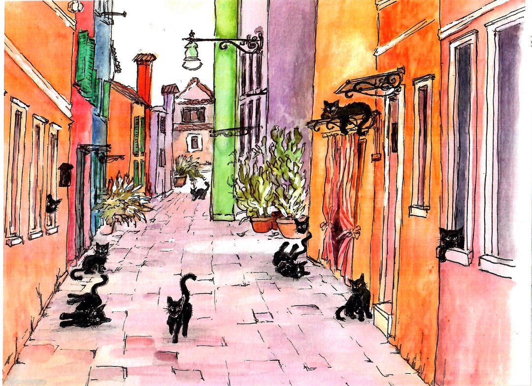 Cats in European Alley, Cat Art Prints, Cat Wall Decor, European Alley ...