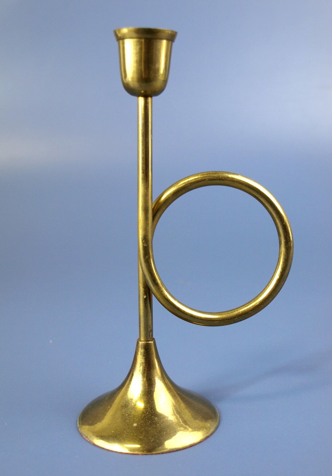 Vintage Solid Brass Bugle Horn Shaped Candlestick Holder - 7.5" - Made ...
