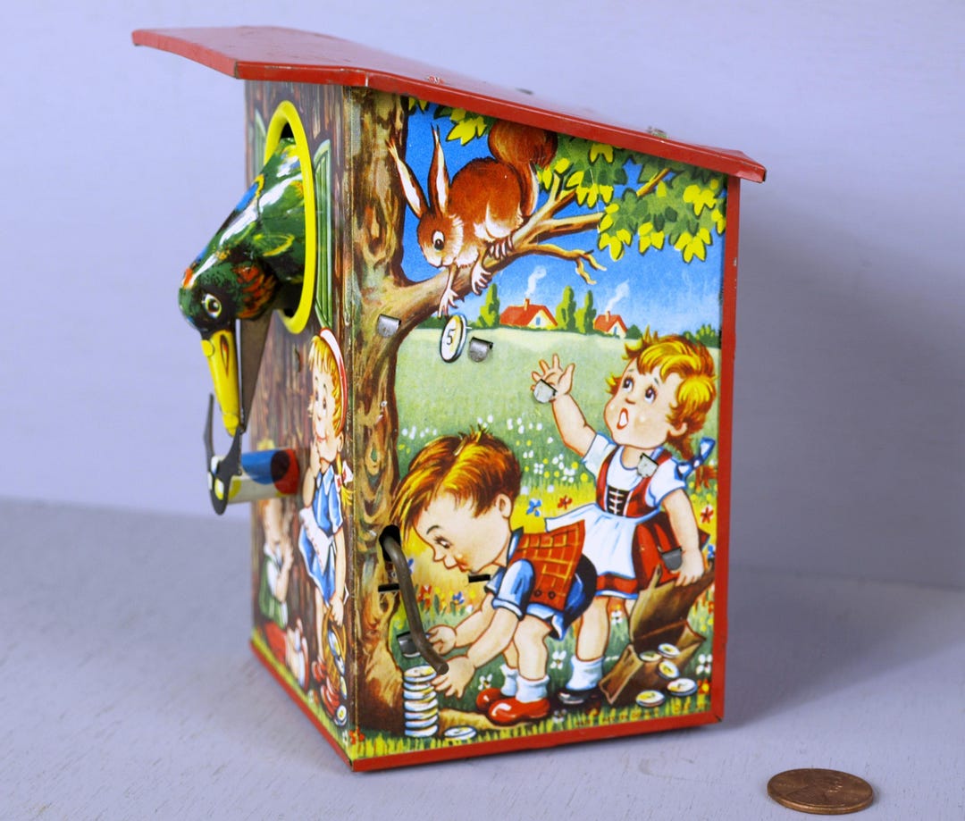 Vintage Western Germany Mechanical Bird House Bank Tin Litho Hand Crank ...
