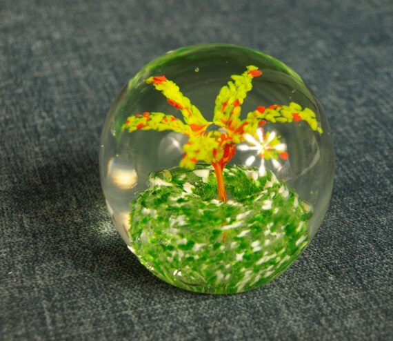 Hand Blown Art Glass Paperweight With Floral Design Yellow | Etsy