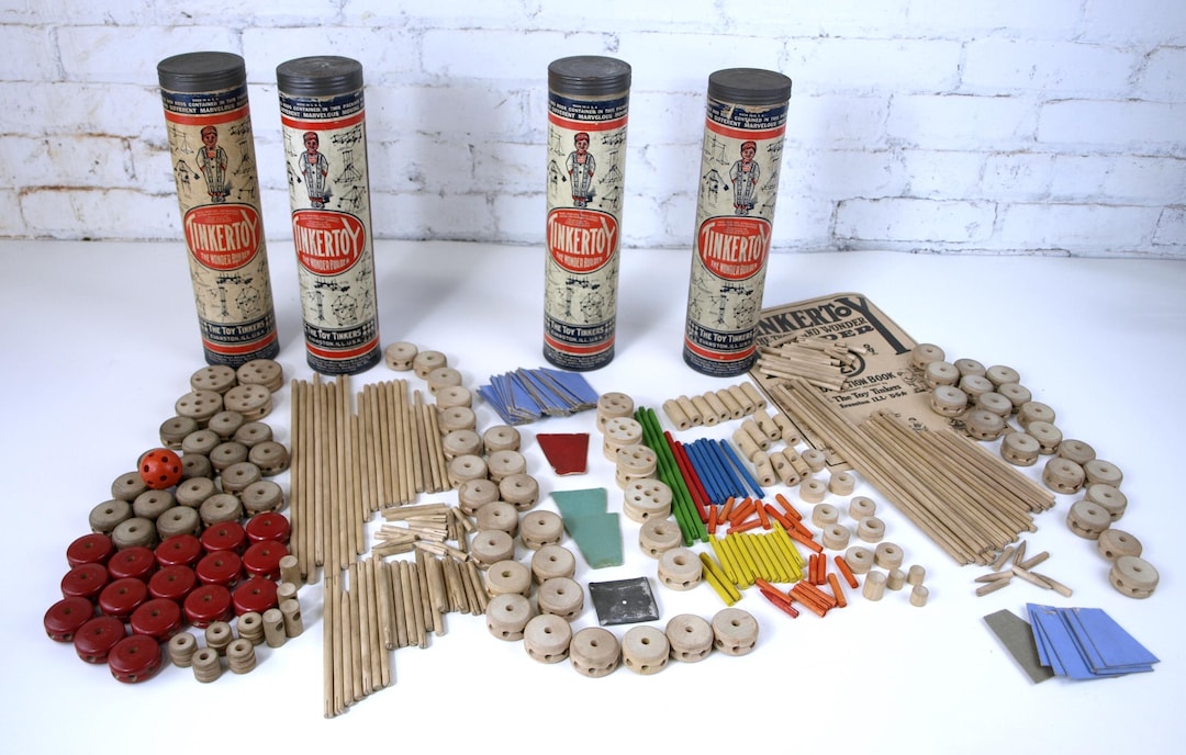 Vintage Tinkertoy Wonder Builder Wood Building Toy Blocks / Rods / Rounds Lot of 4 Canisters ...