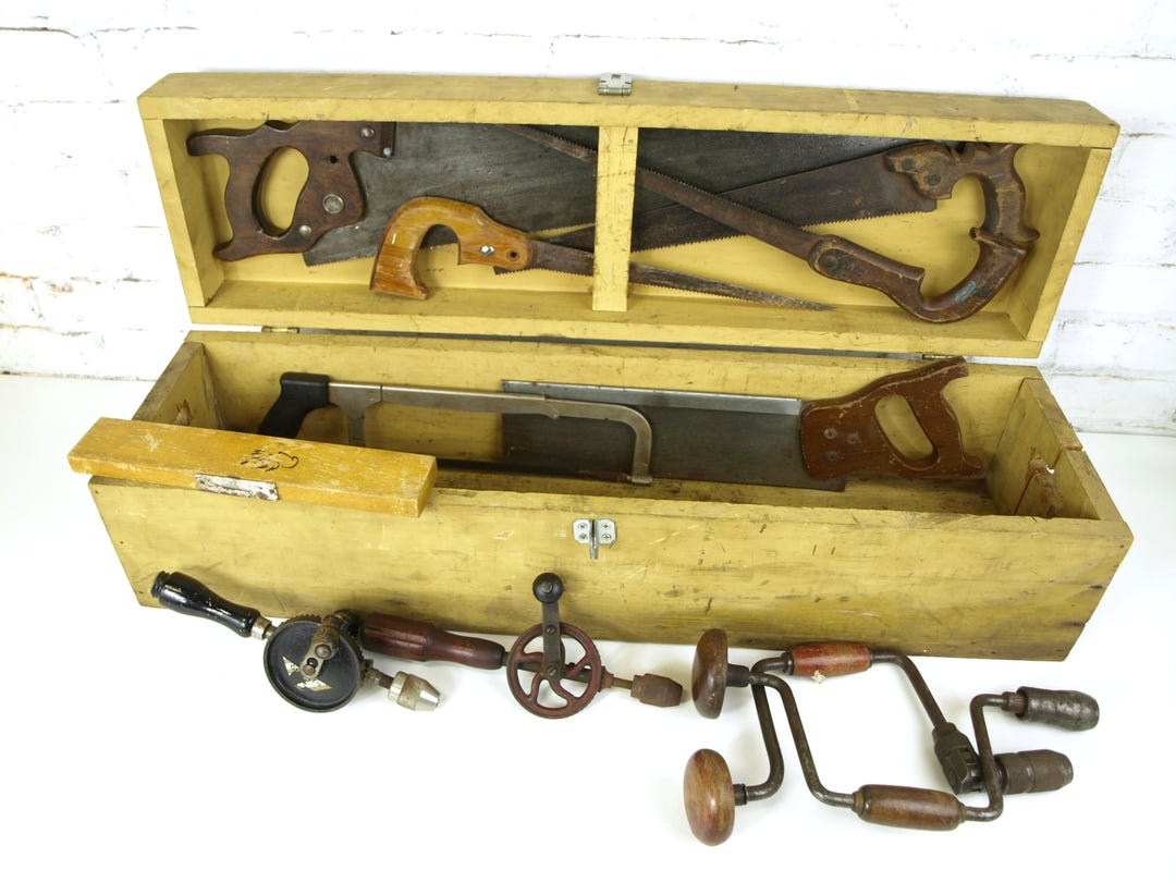 Handmade Carpenter's Wood Tool Box W/ Vintage Tools - Keyhole Crosscut ...