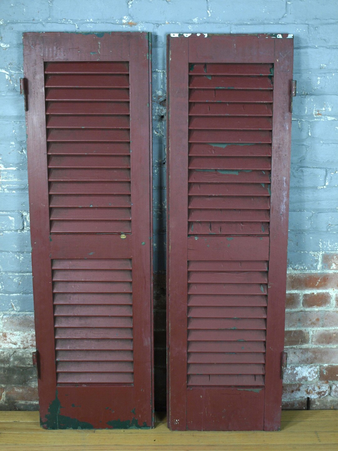 Vintage Pair of Outdoor Fixed Louver Rustic Red Window Shutters - 47" X ...