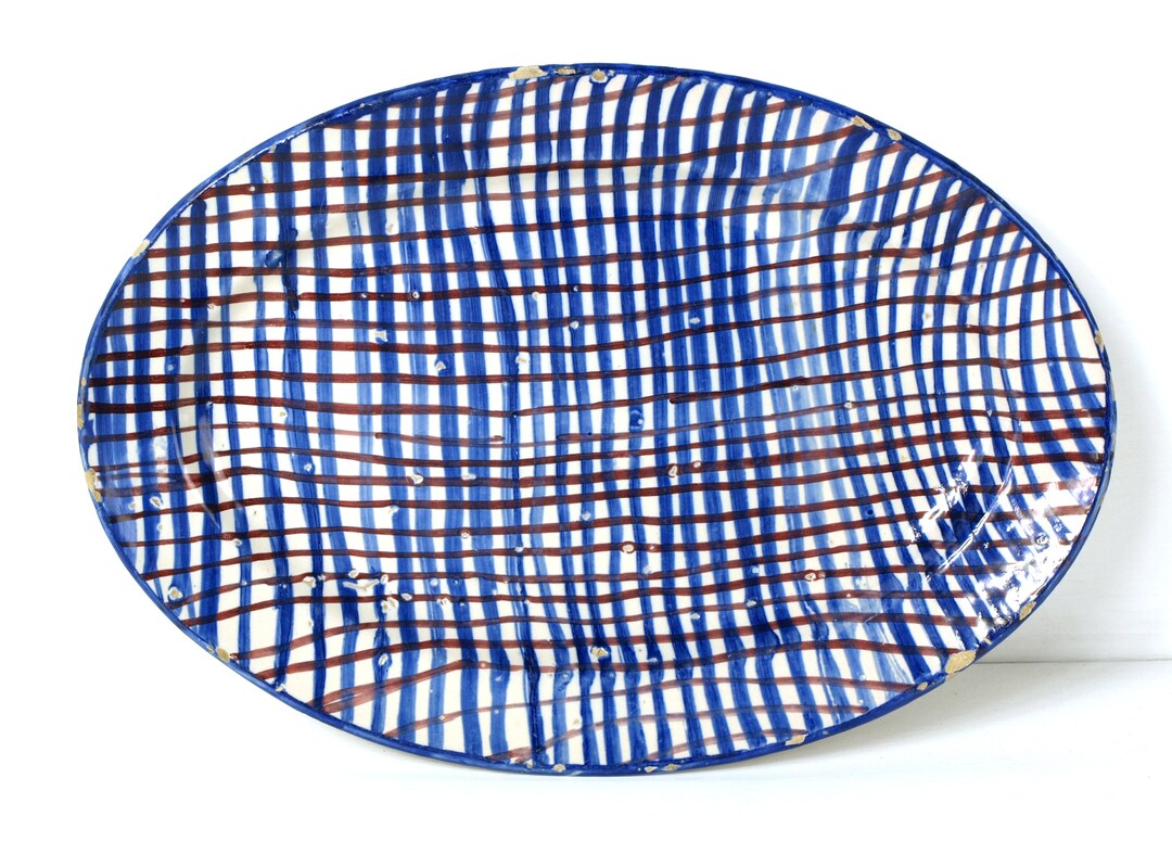 Vintage Serving Folk Art Oval Platter Checker / Plaid Pattern Tray Dish ...
