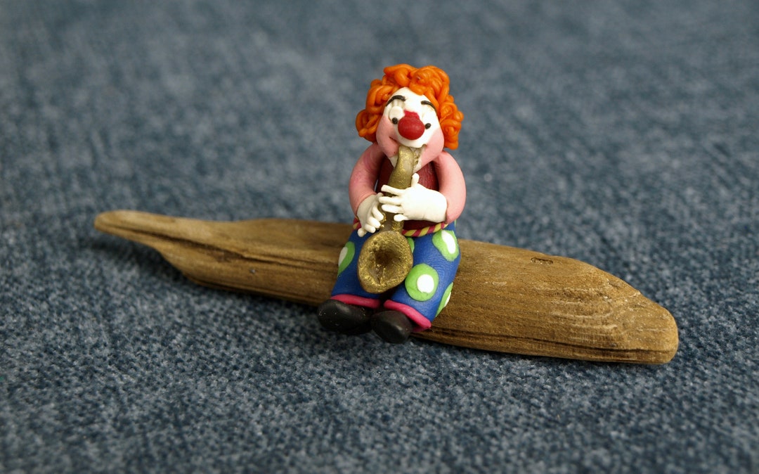 Vintage Handmade Polymer Clay Clown With Saxophone Seated on Wooden ...