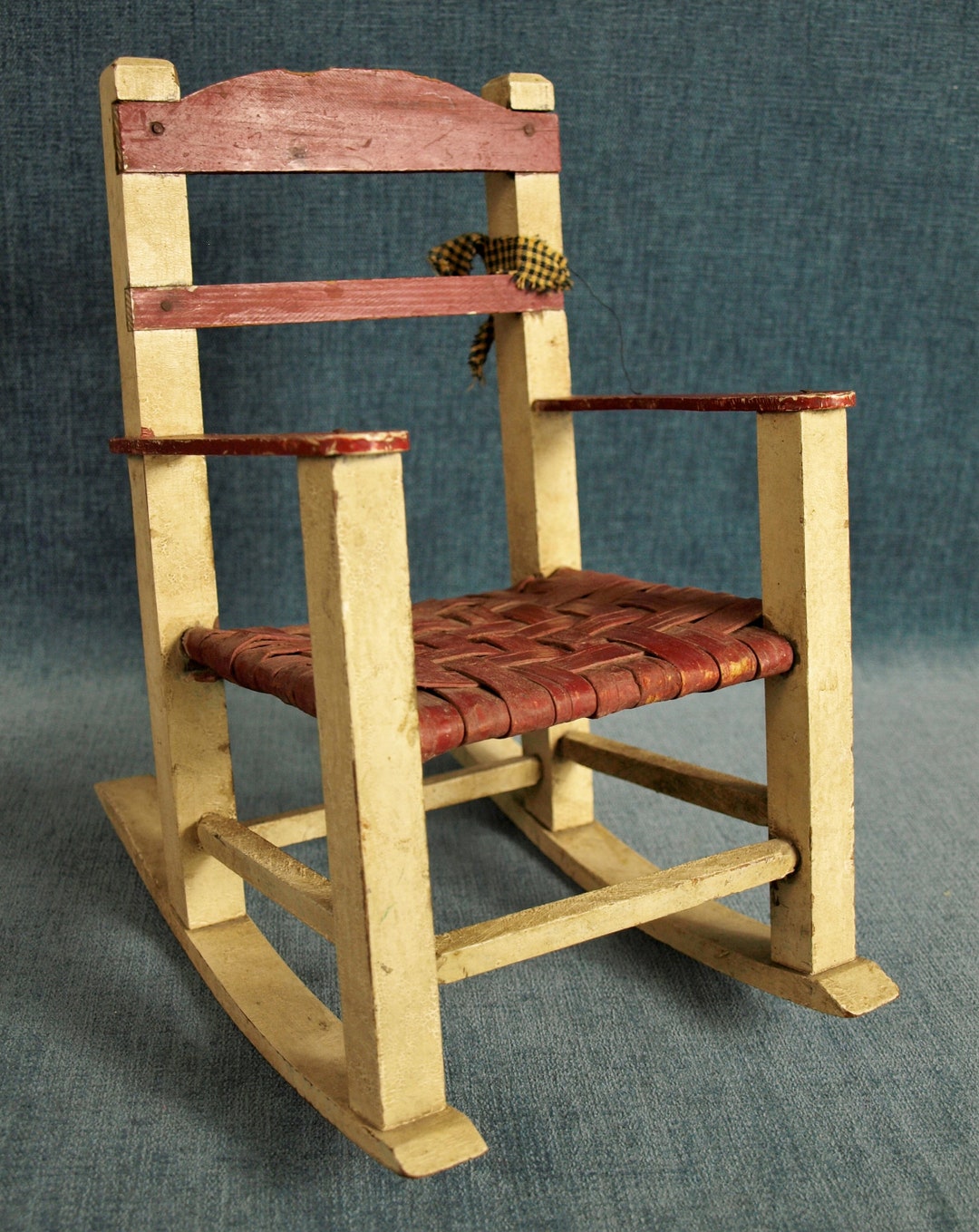 Vintage Ladder Back White 11" Wooden Doll Rocking Chair With Red Wicker ...