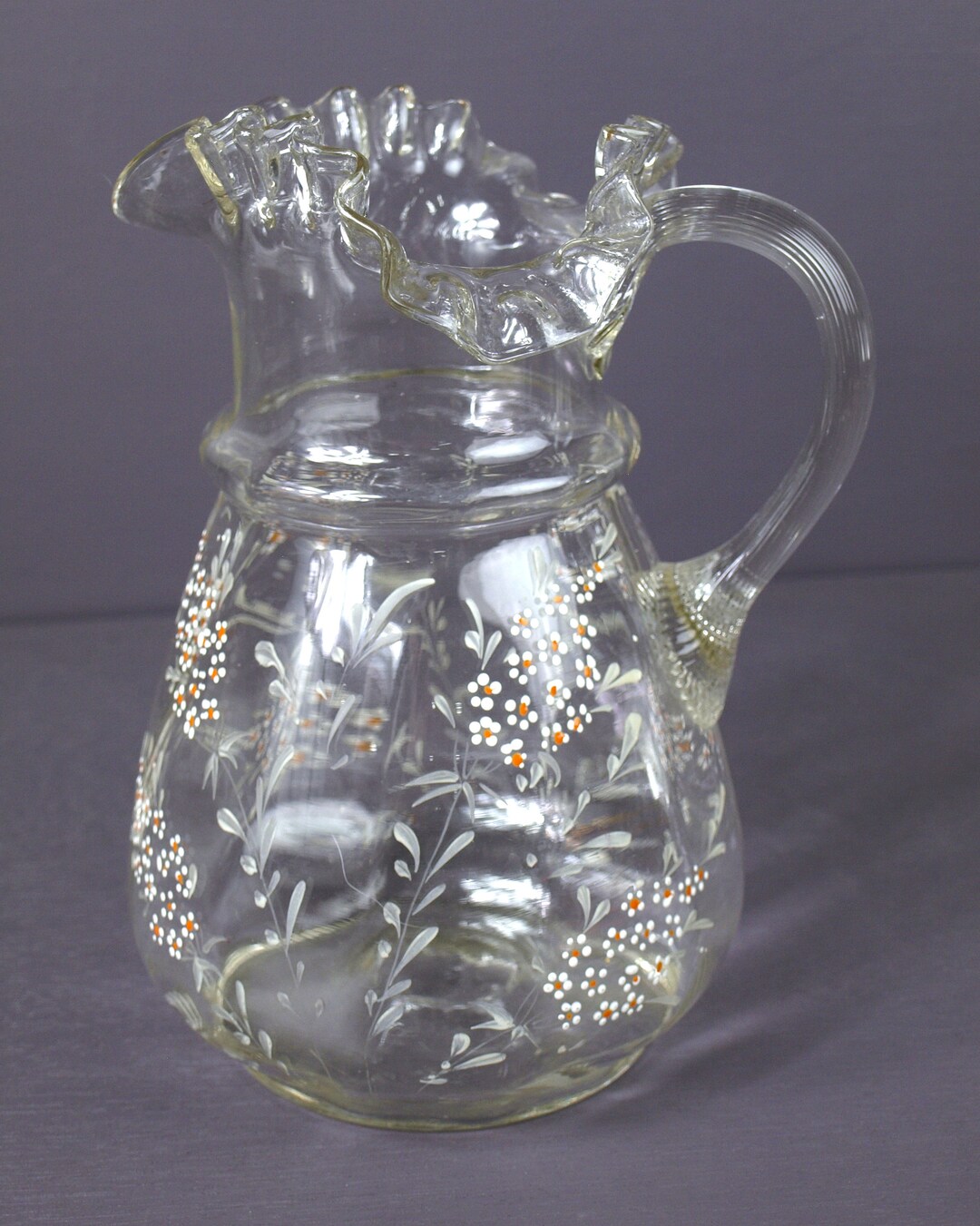Antique Hand Blown, Hand Painted Ruffled Spout Glass Water Pitcher W ...