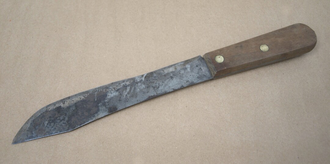 Vintage 8" Steel Butcher Knife - Partial Tang W/ Wooden Handle & Brass ...