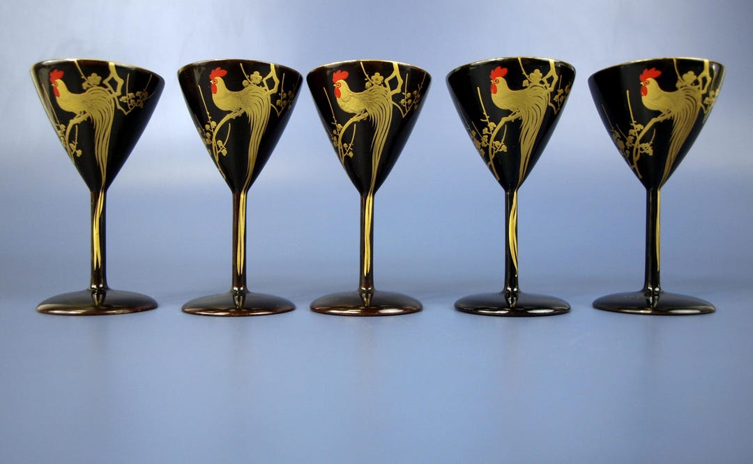 5 Antique Japanese Gold Leaf Onagadori Rooster Black Lacquer Ware ...