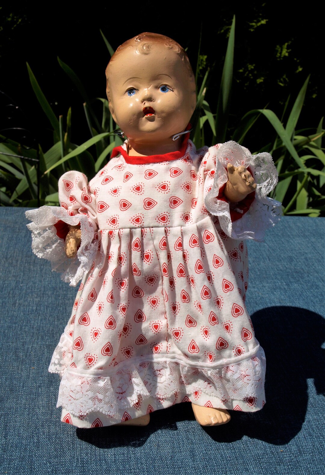 Antique / Vintage Composite Doll With Hand Sewn Dress - 12.5" Tall ...