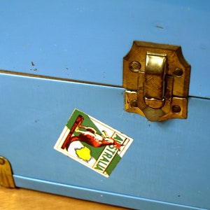 Vintage Blue Metal Doll Steamer Trunk or Case W/ Travel Decals, Circa ...