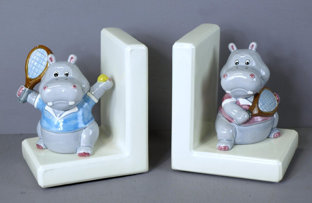 Vintage Ceramic Hippopotamus Bookends of Hippo's Playing Tennis ...