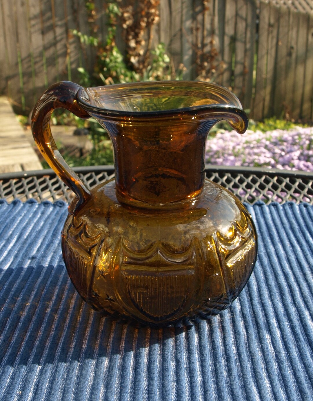 Vintage Clevenger Brothers Amber Glass Pitcher With Stars & Shields ...
