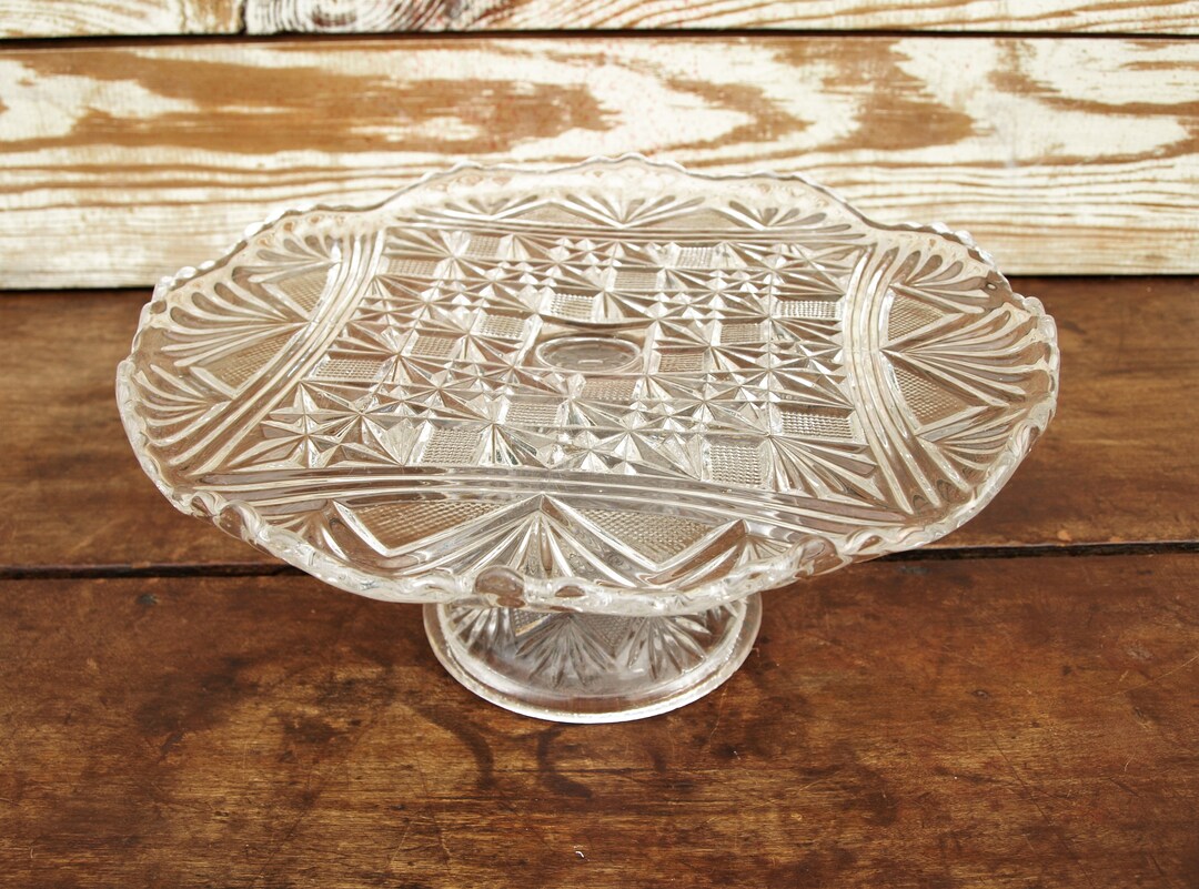 Vintage EAPG Clear Pressed Glass Pedestal Cake Plate With Hobstar and ...