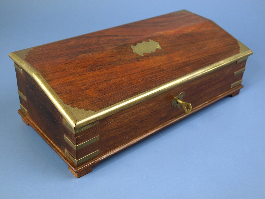 Antique Locking Rosewood Pencil Box, Brass Bound W/ Sloped Top & Center ...