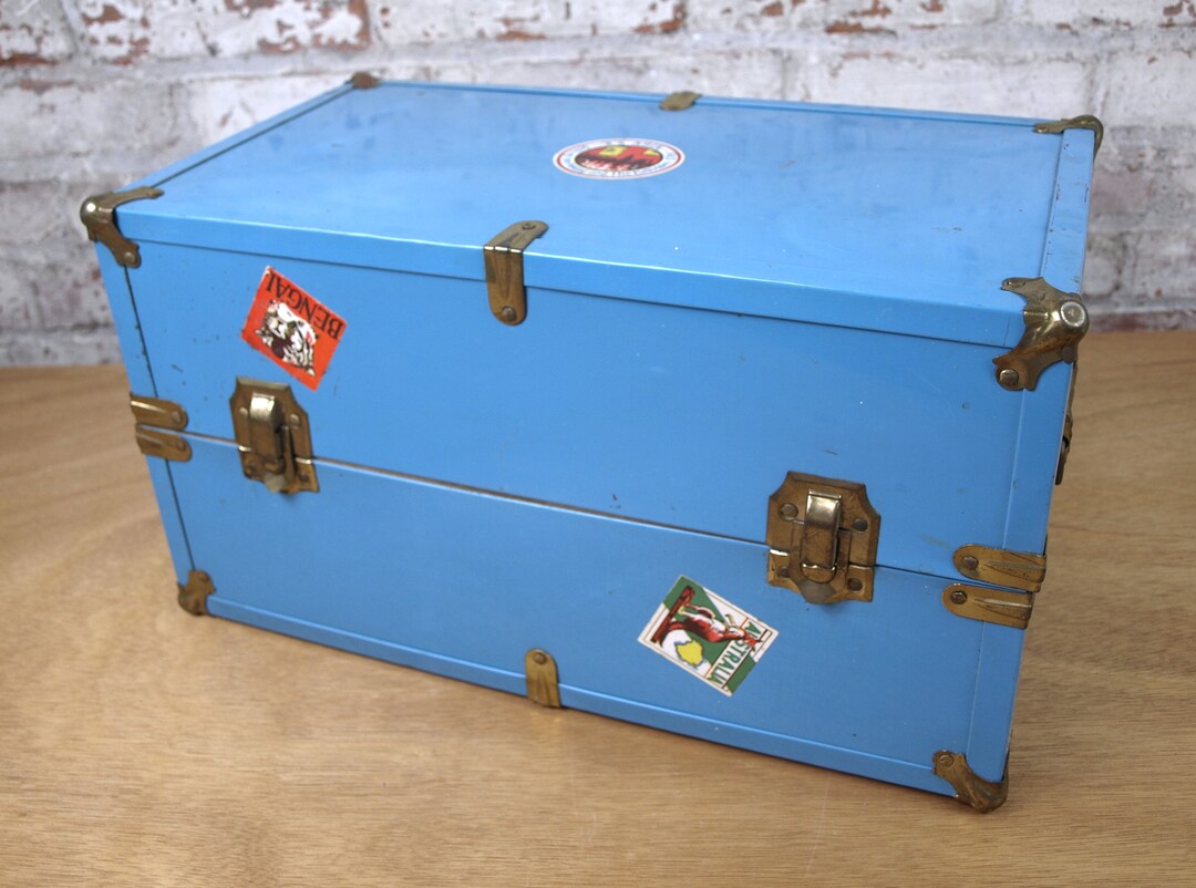 Vintage Blue Metal Doll Steamer Trunk or Case W/ Travel Decals, Circa ...