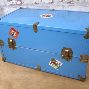 Vintage Blue Metal Doll Steamer Trunk or Case W/ Travel Decals, Circa ...