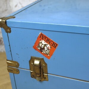 Vintage Blue Metal Doll Steamer Trunk or Case W/ Travel Decals, Circa ...