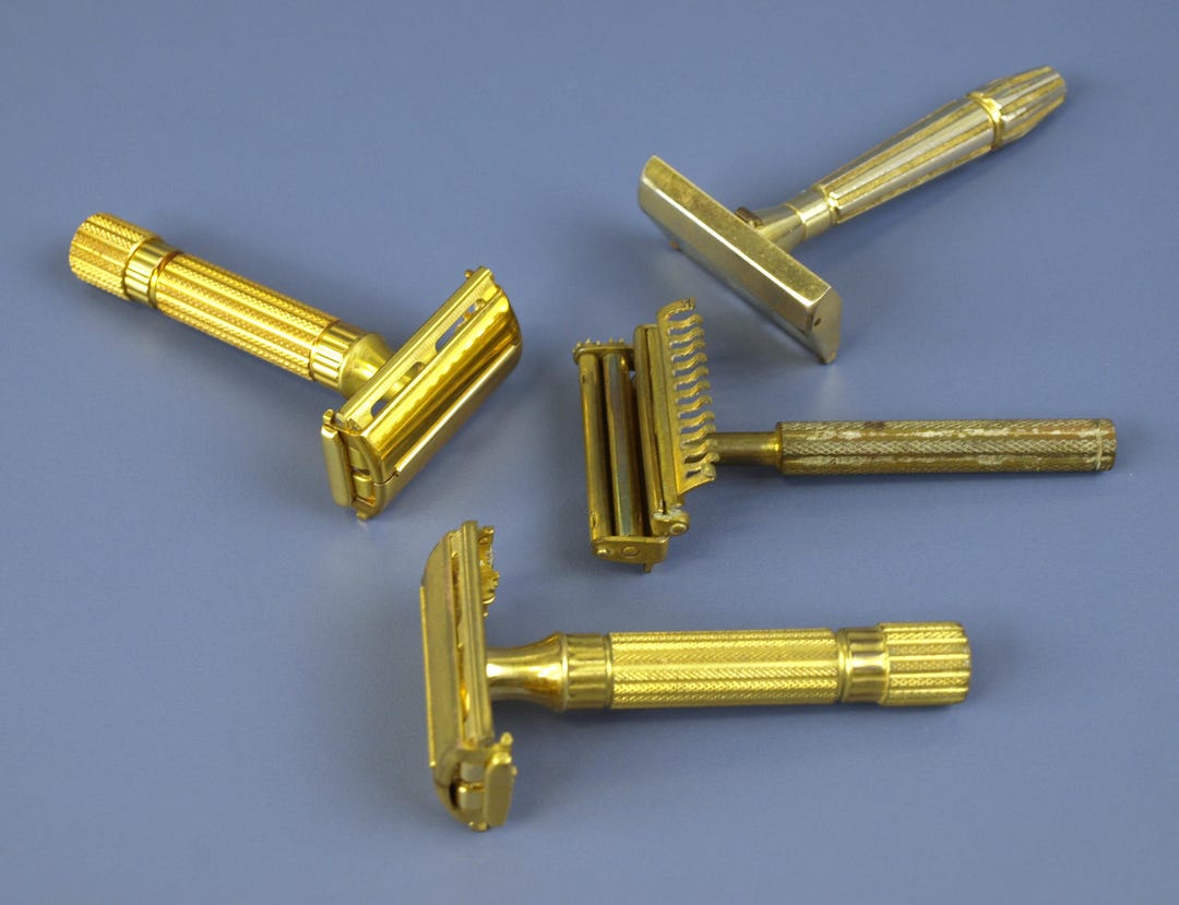 Vintage Gold Tone Safety Razors: 2 Gillette Aristrocrat C 40's, Gem ...