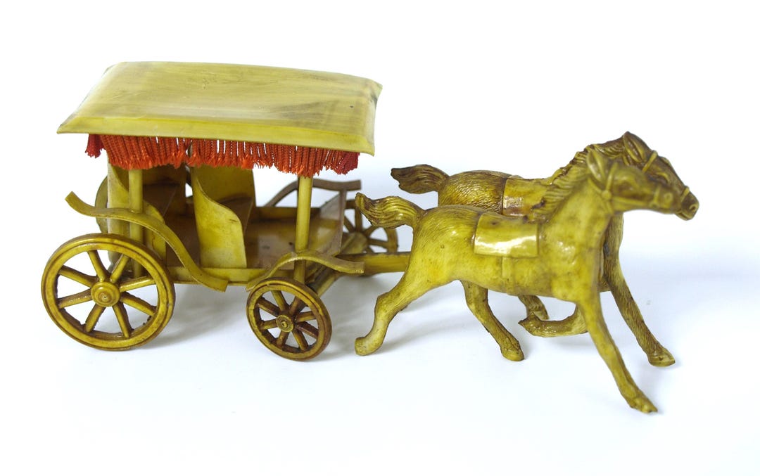 Vintage Mid Century Celluloid Figurine of Horse Drawn Canopied Carriage ...