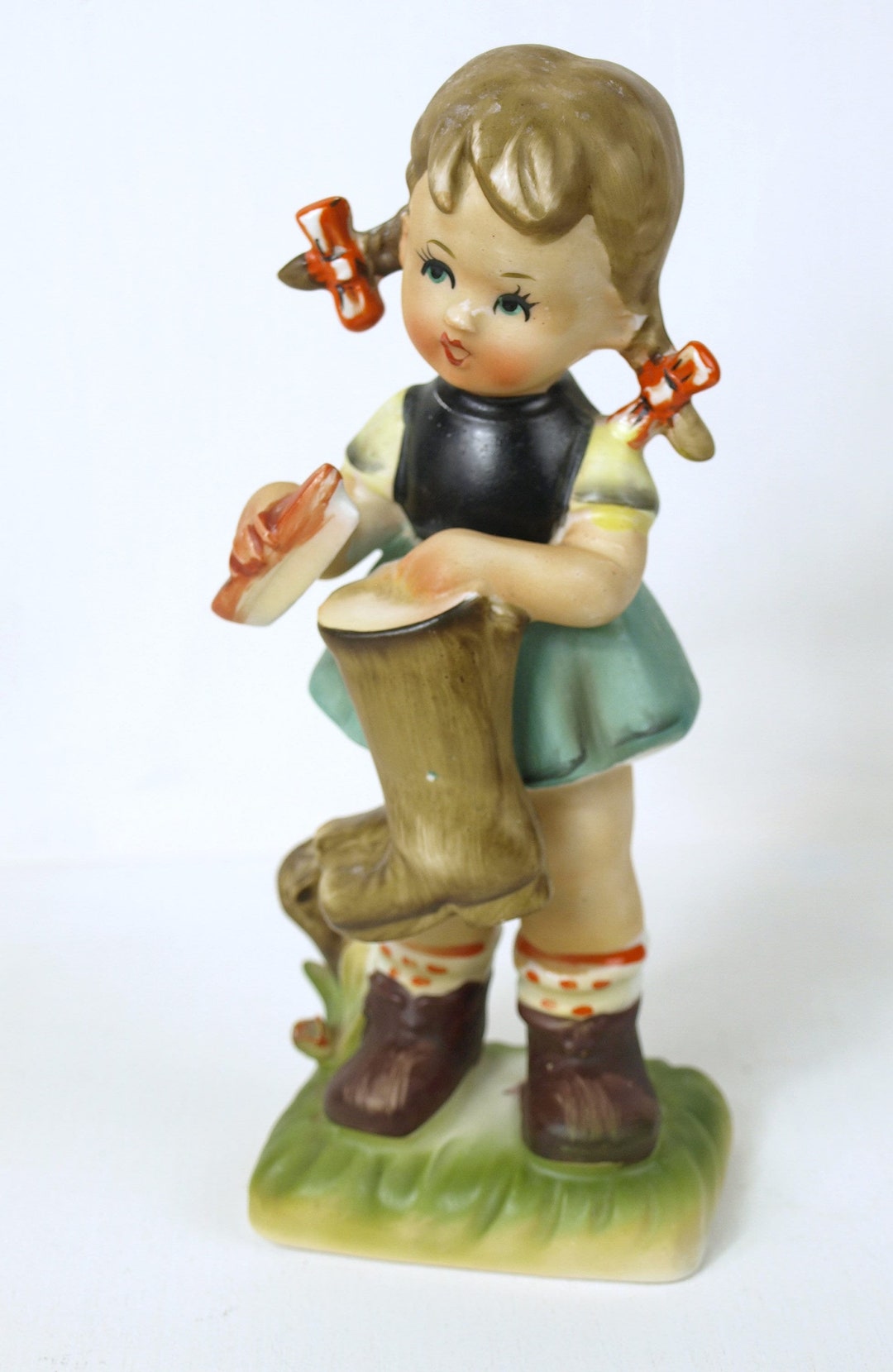 Vintage Hummel-like Figurine - Girl in Pigtails Polishing Boots - Good+ ...