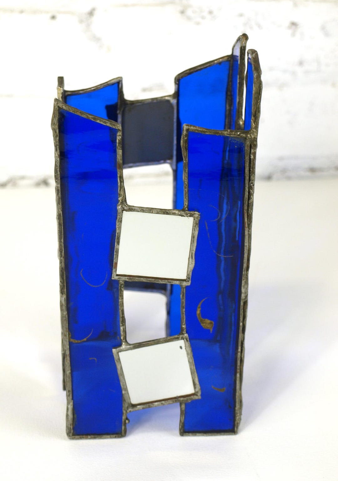 Vintage Handmade Stained Glass Hurricane - Free Form Shaped Blue Glass ...